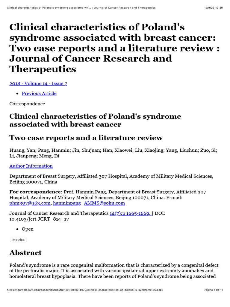 Clinical Characteristics of Poland's Syndrome Associated Wit ...