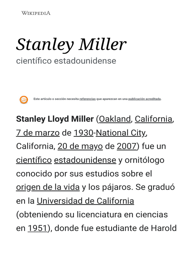 Stanley Miller - Wikipedia, La Enciclopedia Libre | PDF | Biología ...