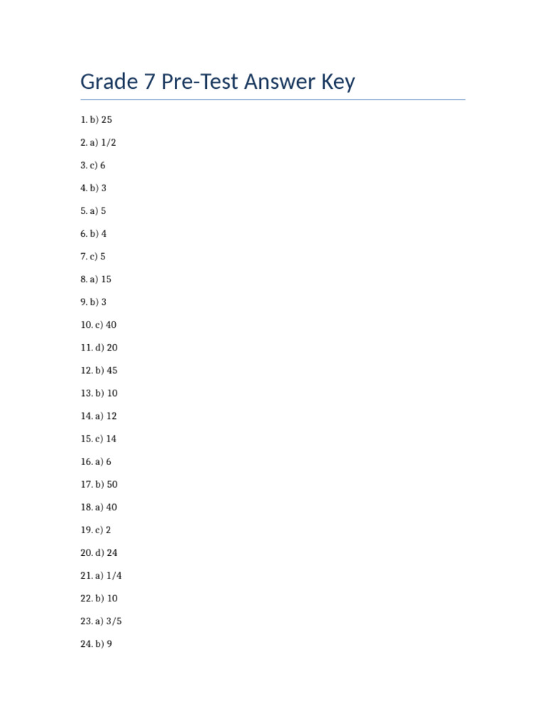 Grade 7 Pre Test Answer Key | PDF