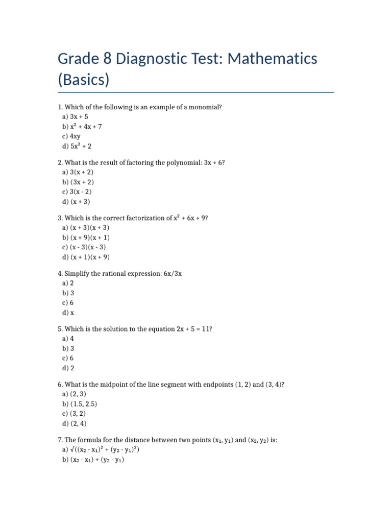 Grade 8 Diagnostic Test Math Basics | PDF | Factorization | Algebra