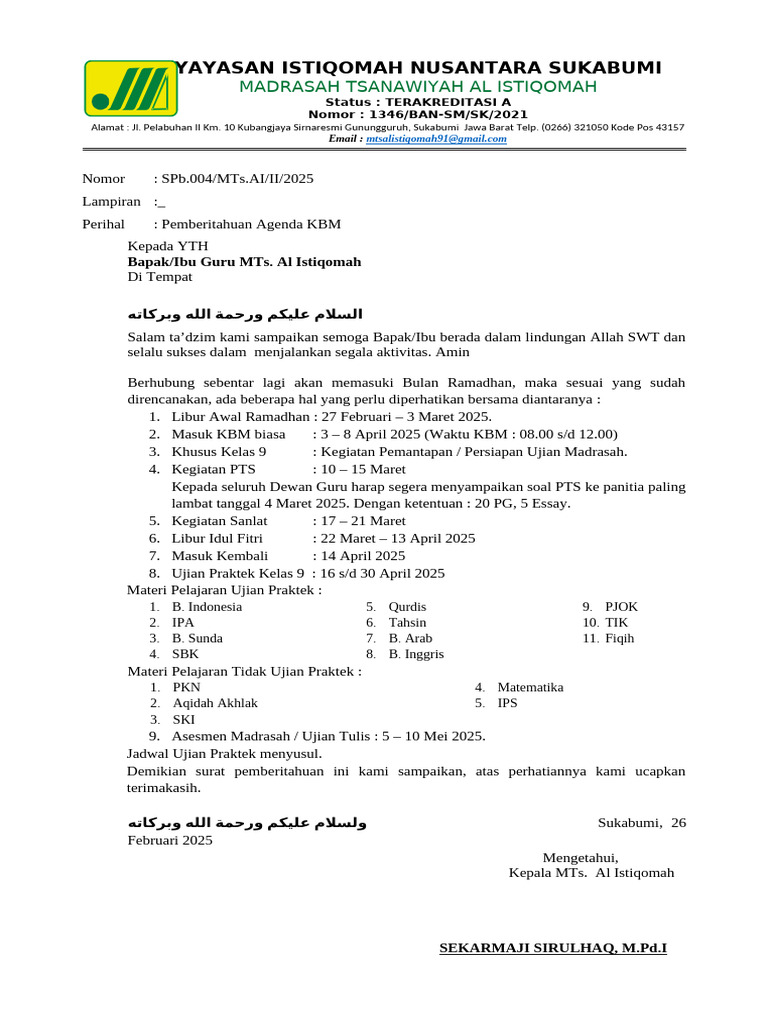 Surat Pemberitahuan Agenda KBM | PDF