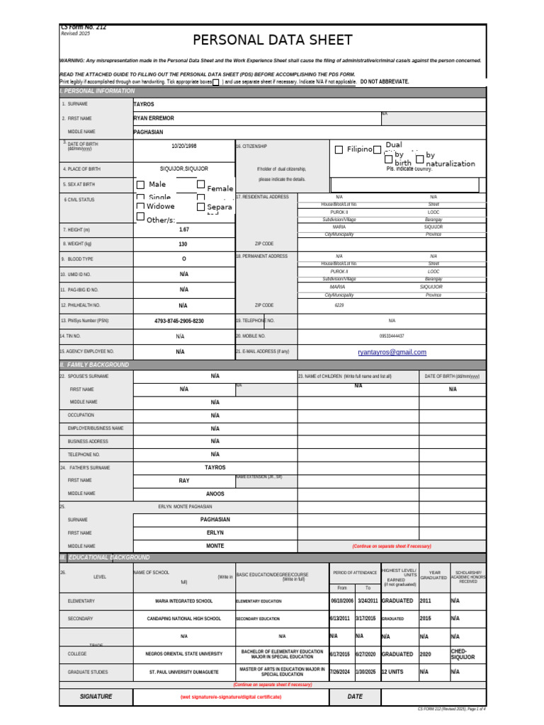 ANNEX H-1 - CS Form No. 212 Revised 2025 - Personal Data Sheet | PDF | Special Education | Crimes