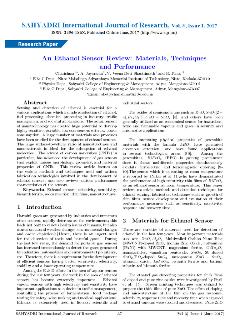 Ethanol Sensor Materials and Techniques Review | PDF | Field Effect ...