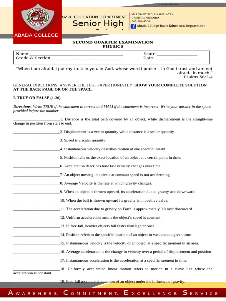 Physics q2 Exam | PDF | Acceleration | Speed