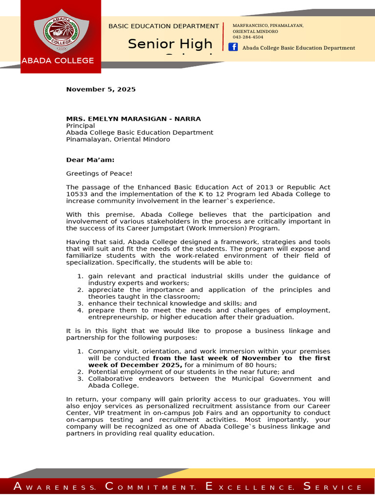 Abada College Work Immersion Proposal | PDF | Learning