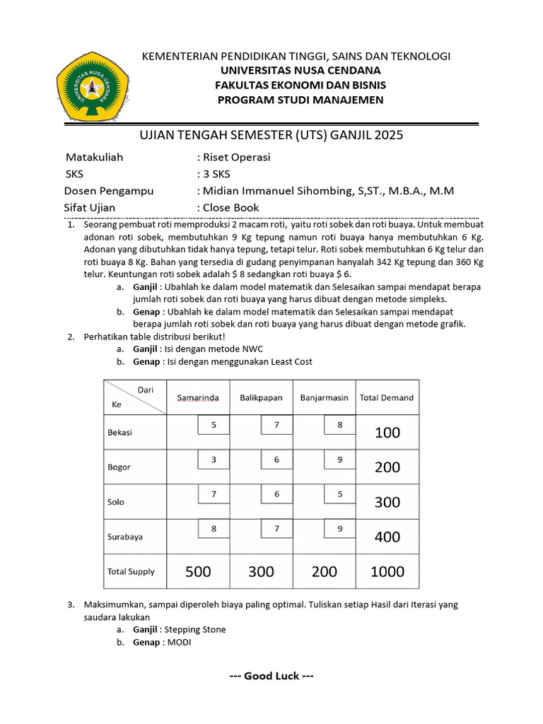 Soal Uts Riset Operasi 1 | PDF