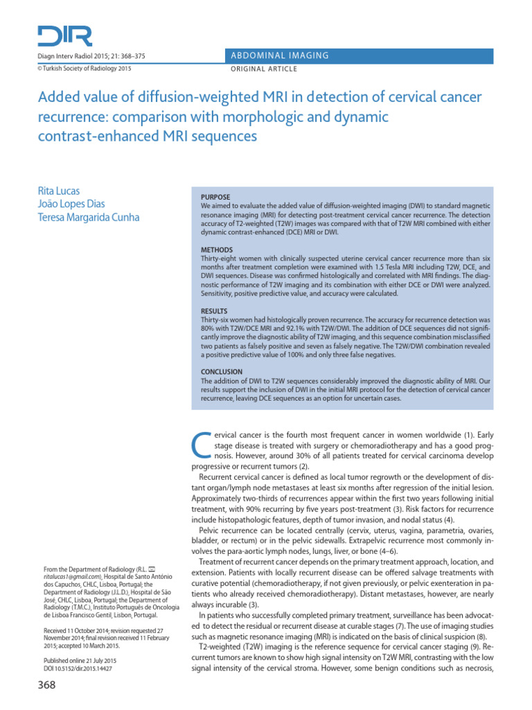 Added Value of Diffusion-Weighted MRI in Detection of Cervical Cancer ...