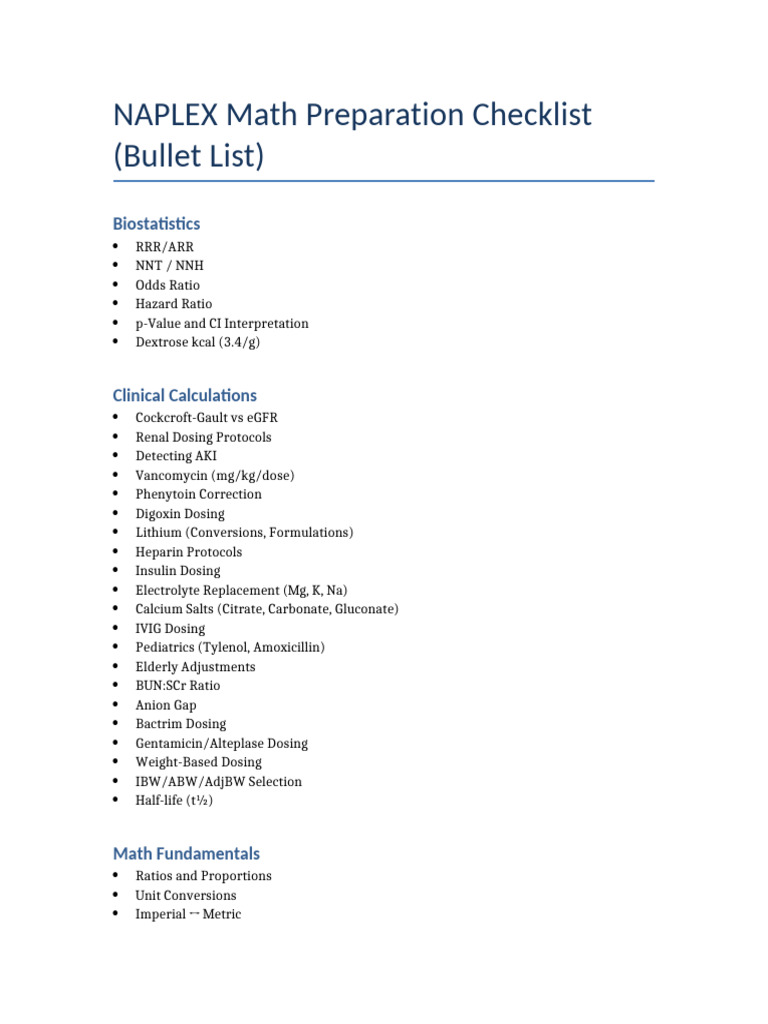 NAPLEX Math Preparation Checklist List | PDF