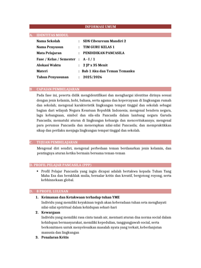 Penilaian Pendidikan Pancasila Bab1 Kelas1 | PDF