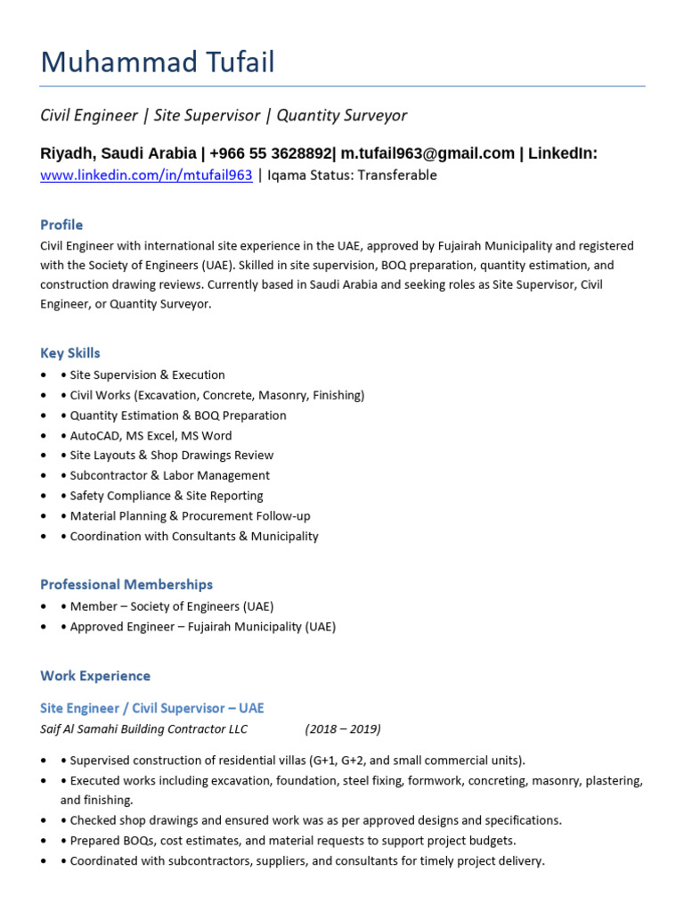 Civil Engineer & Site Supervisor Profile | PDF