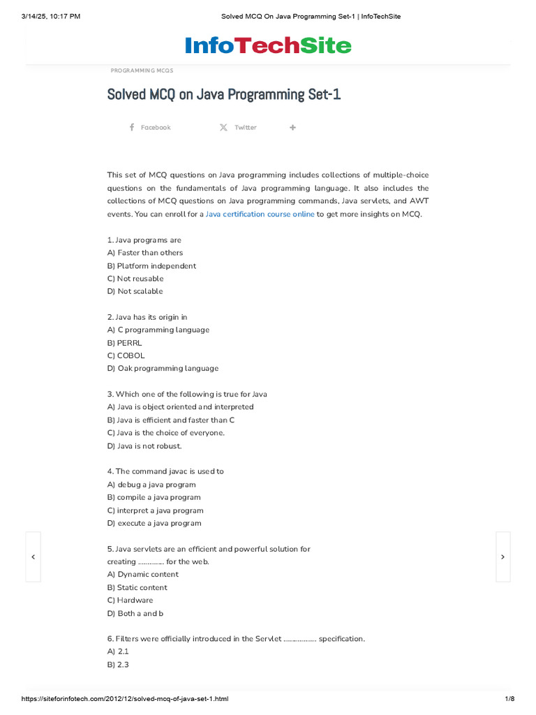 Solved MCQ on Java Programming Set-1 _ InfoTechSite | PDF | Java ...