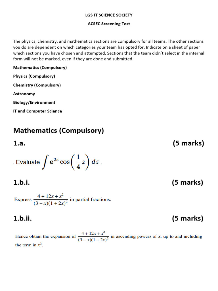 LGS JT Science Society ACSEC Test Guide | PDF