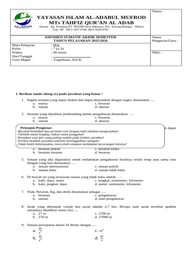 Asesmen Sumatif Akhir Semester Ganjil IPA Kelas VII (2025 - 2026) | PDF