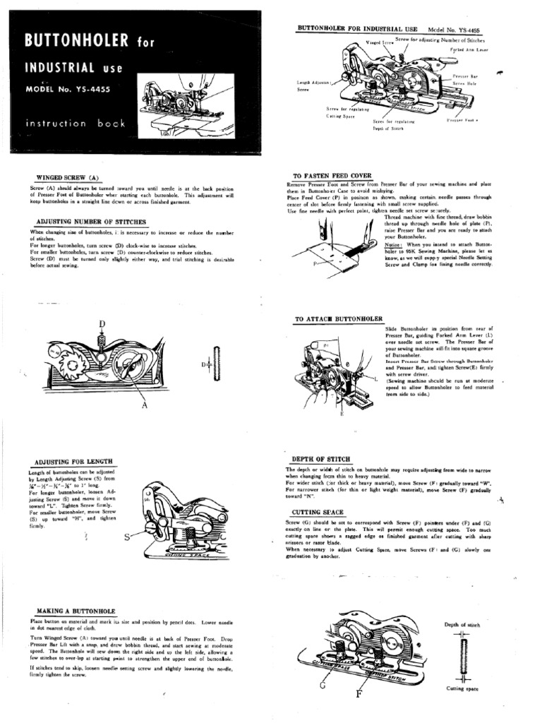 YS Star YS-4455 Buttonhole Attachment Instruction Manual | PDF