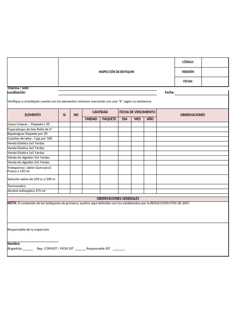 FORMATO INSPECCION DE BOTIQUIN | PDF
