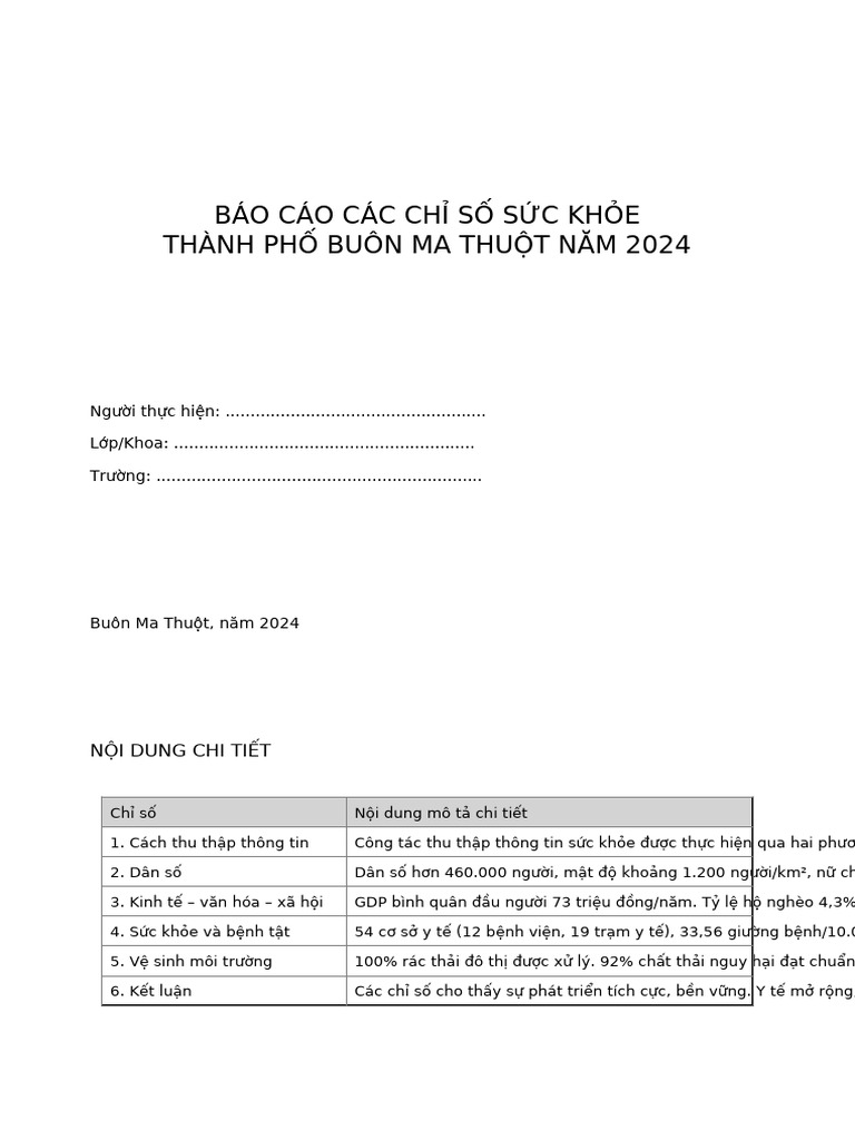 Bao Cao Chi So Suc Khoe Buon Ma Thuot 2024 Doc 2 | PDF