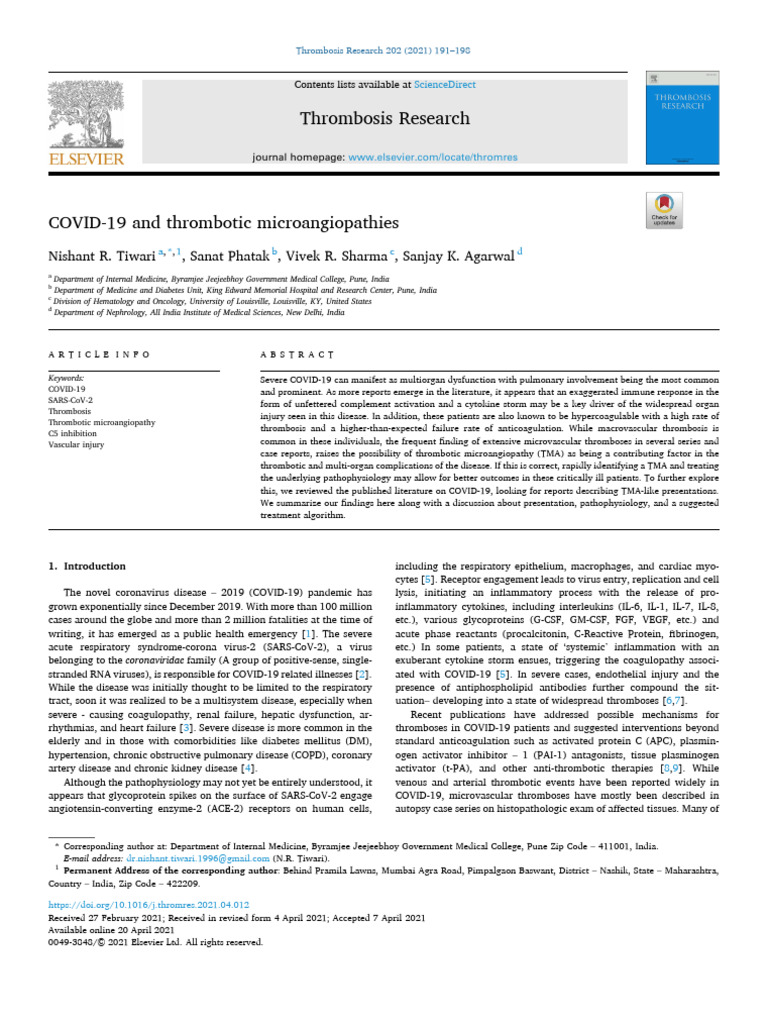 COVID-19 and Thrombotic Microangiopathy | PDF | Clinical Medicine ...