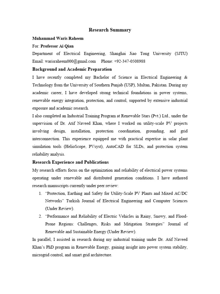 Research Summary Muhammad Waris Raheem-Prof Ai Qian SJTU | PDF ...