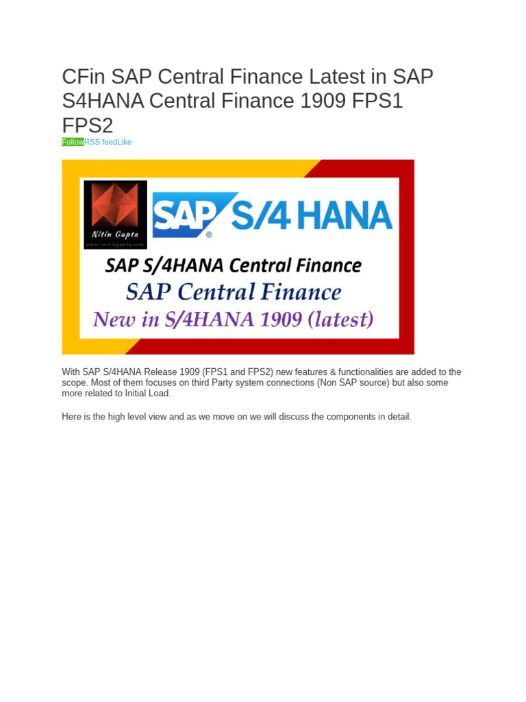 CFin SAP Central Finance Latest in SAP S4HANA Central Finance 1909 FPS1 ...