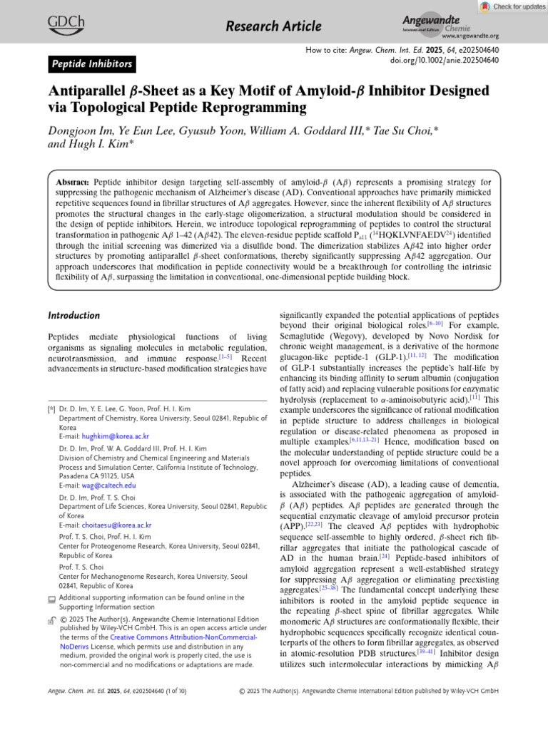 (Angew. Chem. Int. Ed. 2025) Antiparallel β-Sheet as a Key Motif of Amyloid-β Inhibitor Designed ...