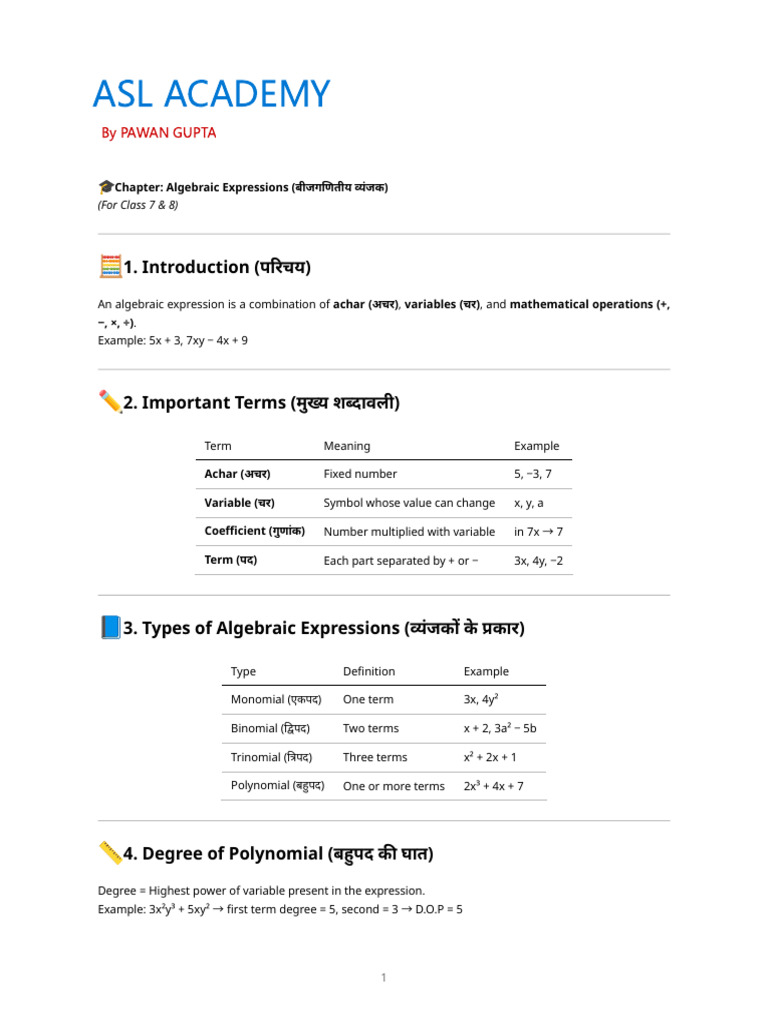 Algebraic Expressions Notes | PDF | Polynomial | Numerical Analysis