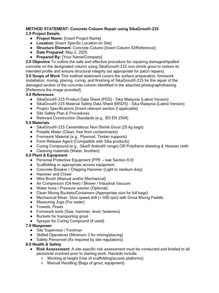 Sika Grout 215 Method of Statement | PDF | Concrete | Building Engineering