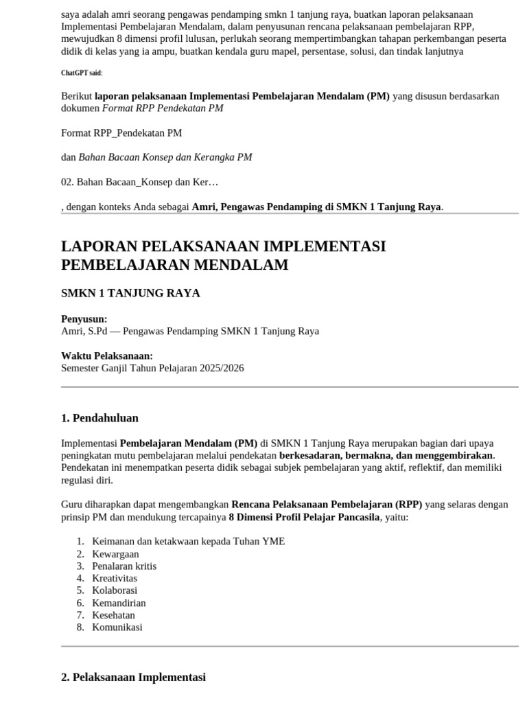Laporan Implementasi Pembelajaran Mendalam SMKN 1 | PDF