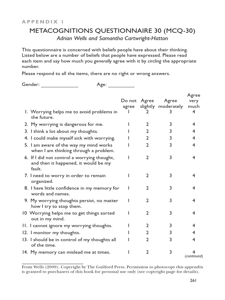Metacognitions Questionnaire for Anxiety | PDF | Thought | Metacognition