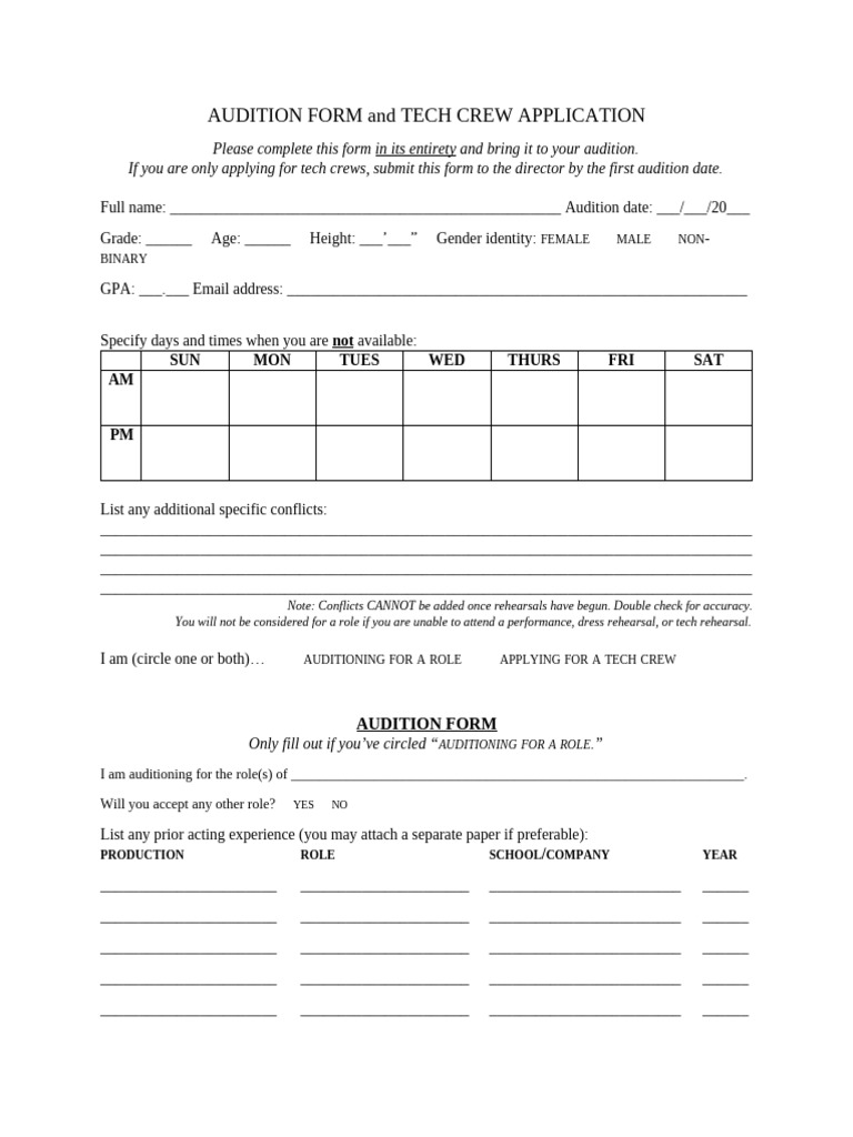 Audition Form and Tech Crew Application | PDF | Performing Arts
