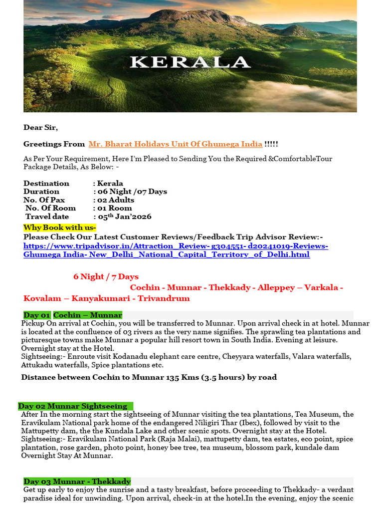 Kerala 6 Night 7 Days With Kanyakumari Package Based On 2 Adults and 2yr Child | PDF | Credit ...