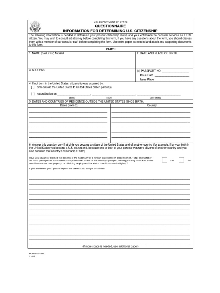 5 FS-581 Dept of State Citizenship Determination Form | PDF