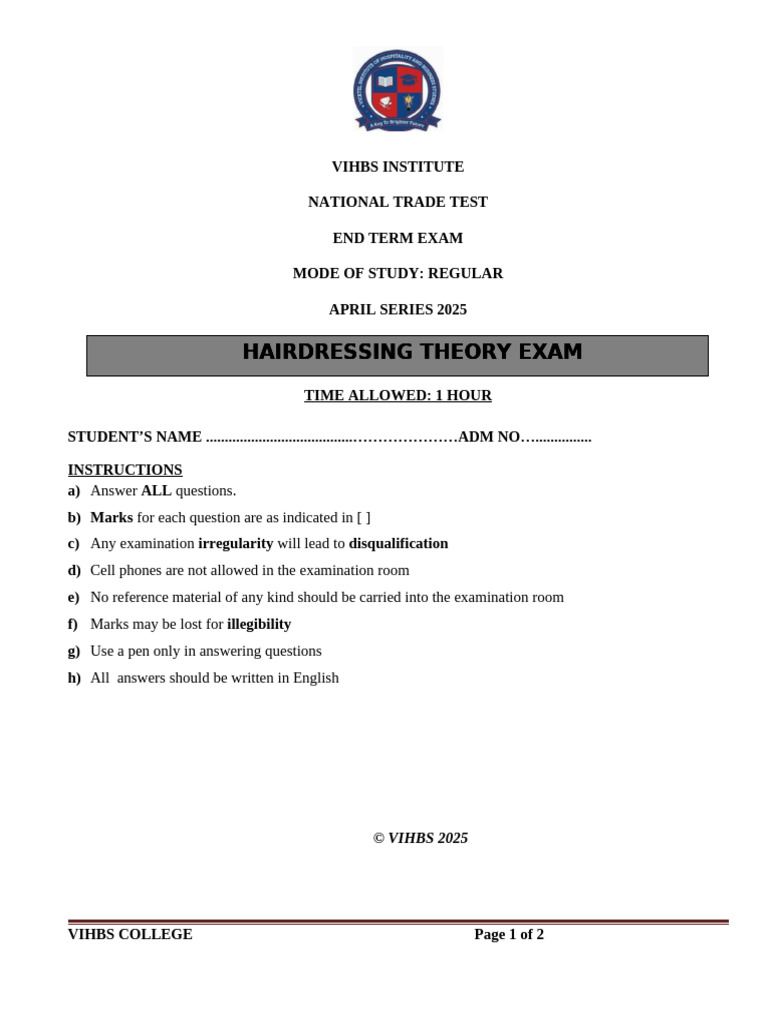 Hairdressing Theory Exam April 2025 | PDF