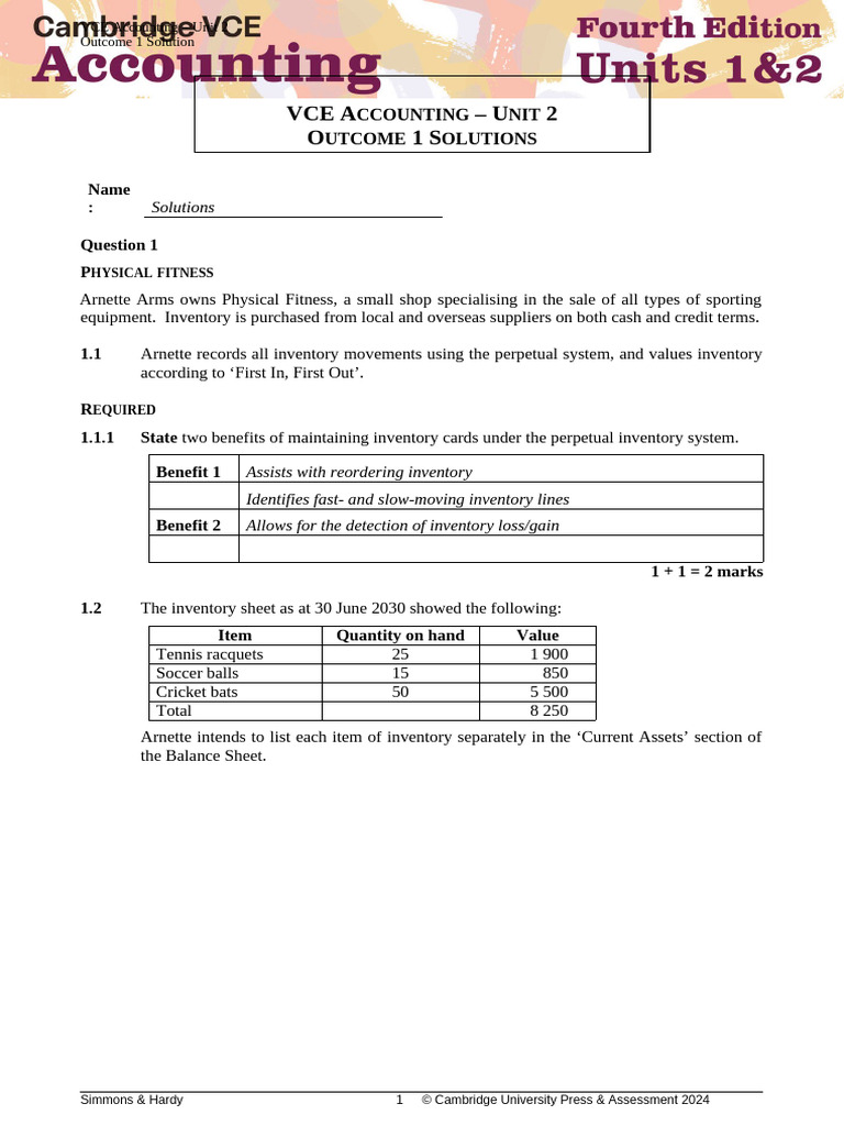 VCE Accounting Unit 2 Outcome 1 Solutions | PDF | Inventory | Cost Of ...