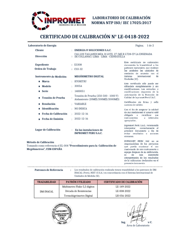 3 Certificado de Calibracion Del Megometro | PDF | Calibración ...