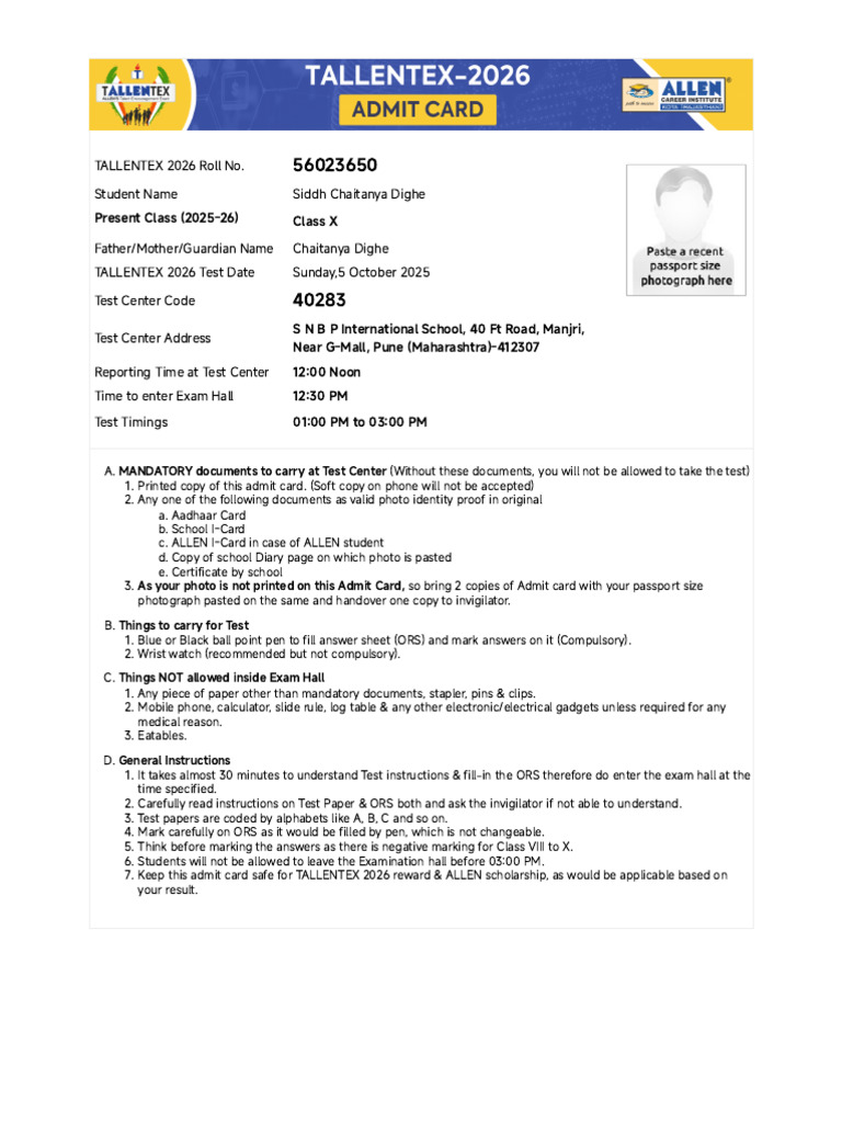 TALLENTEX 2026 Exam Admit Card Details | PDF
