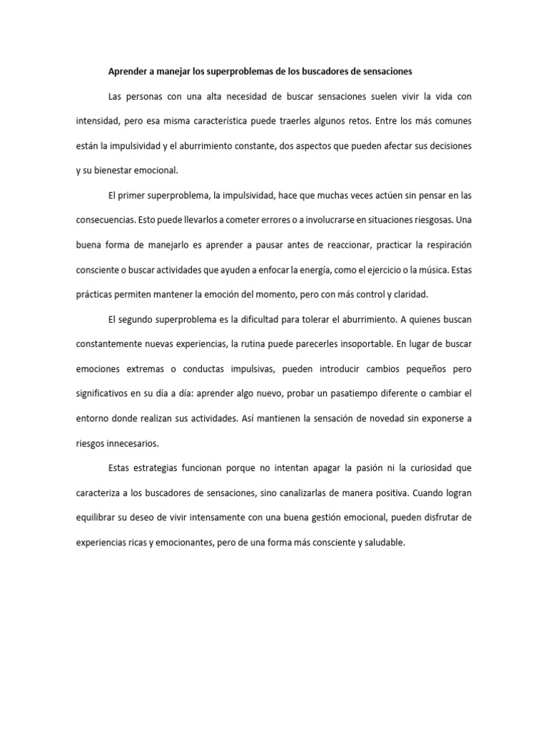 Aprender a Manejar Los Superproblemas de Los Buscadores de Sensaciones ...