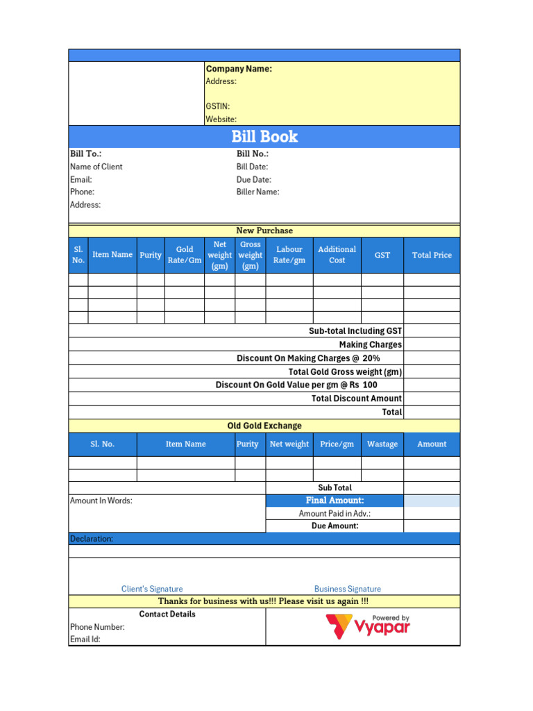 Gold Jewellery Bill Book Format | PDF