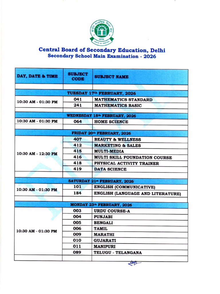 Cbse Date Sheet x Final | PDF