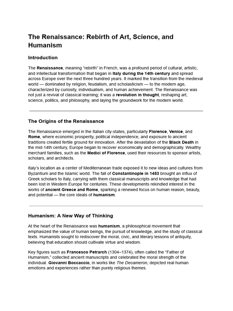 The Renaissance - Rebirth of Art, Science, and Humanism | PDF ...
