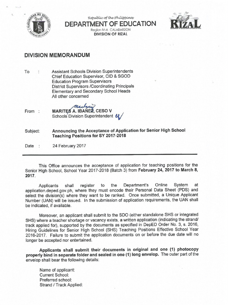 Division Memorandum SHS Teaching Positions | PDF