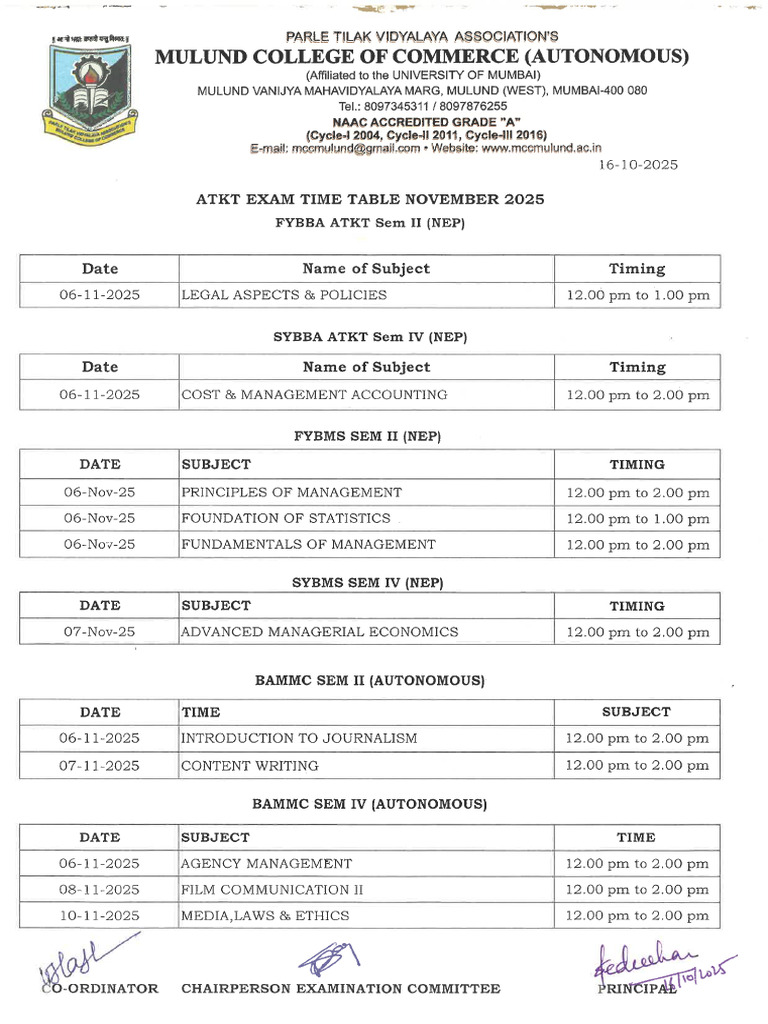 Atkt Time Table Sem II and IV Bba Bms Bammc | PDF