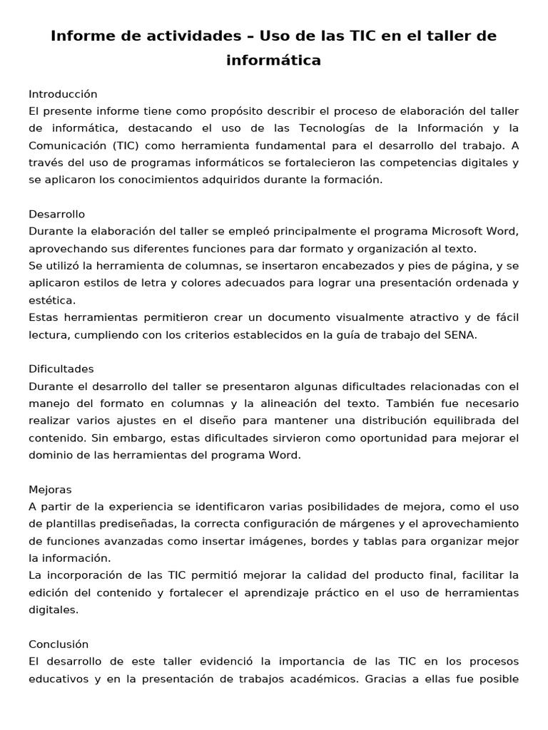 Informe TIC Taller Informatica | PDF