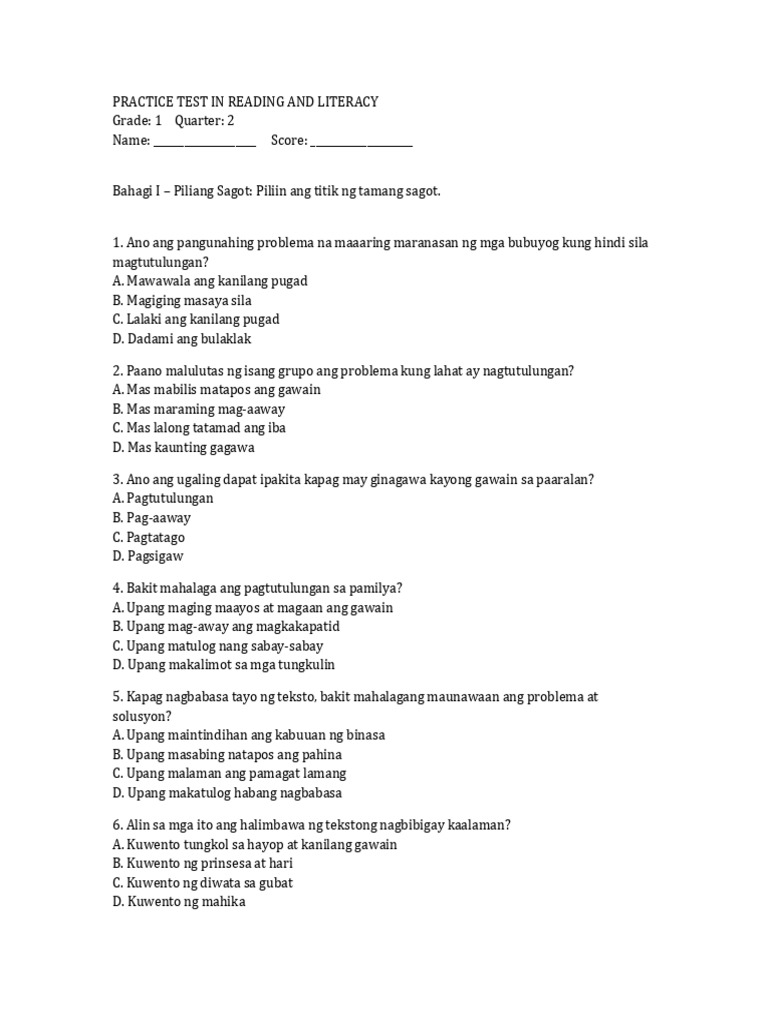 Practice Test Readingliteracy 1 q2 | PDF