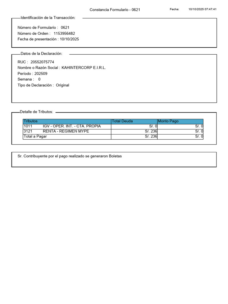 Constancia Formulario 0621 - KAHINTERCORP | PDF