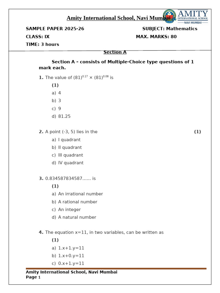 Class IX Mathematics Sample Paper 2025-26 | PDF | Geometry | Elementary ...
