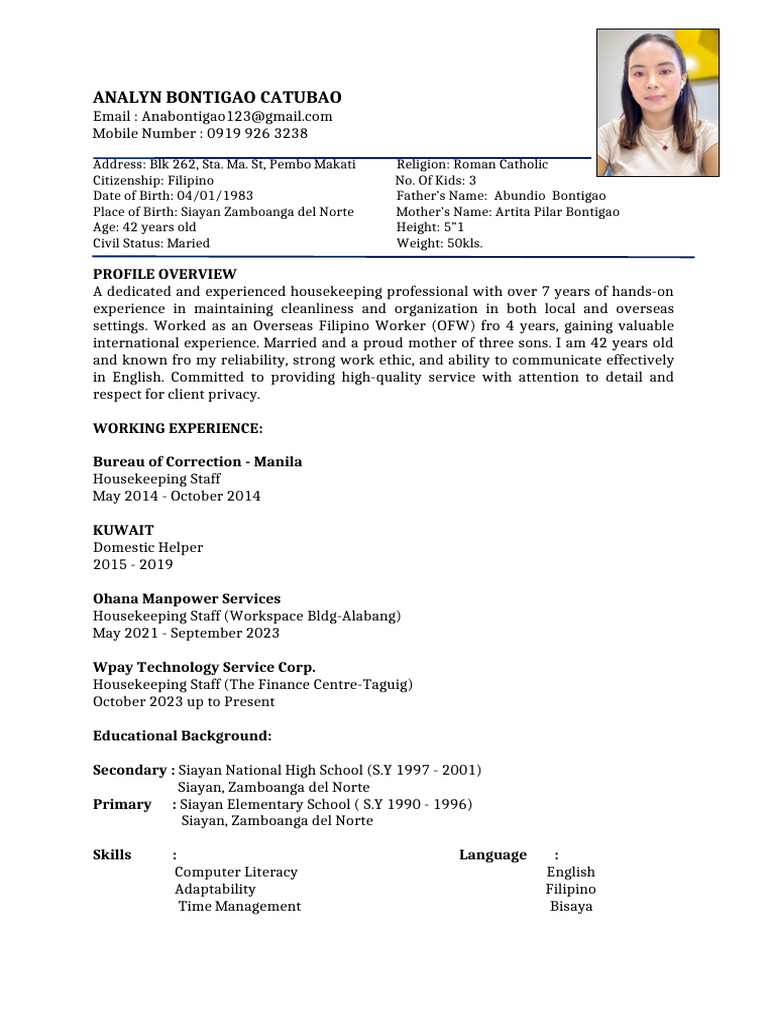 Experienced Housekeeper Profile | PDF