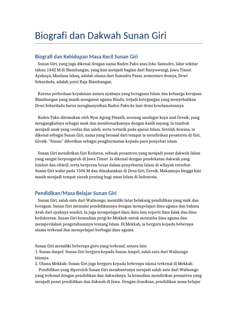 Biografi Dan Dakwah Sunan Giri | PDF