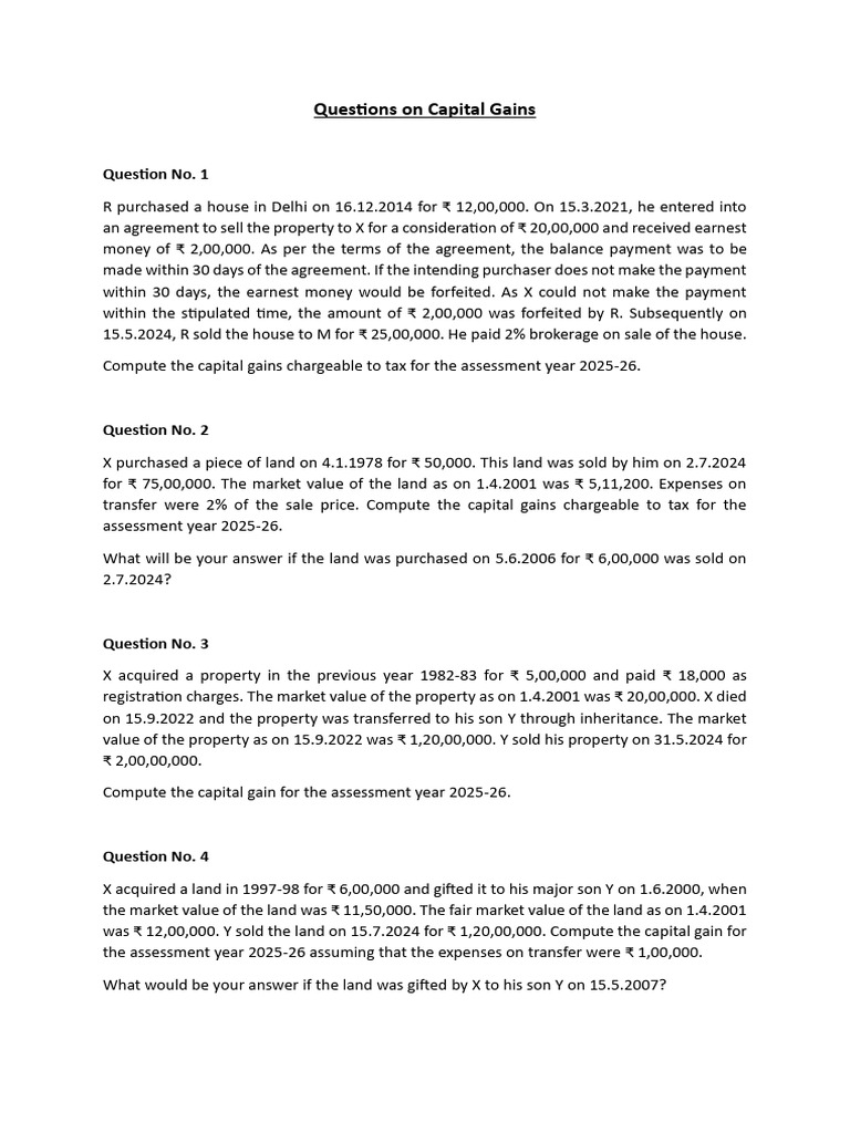 Questions On Capital Gains | PDF | Capital Gains Tax | Capital Gain