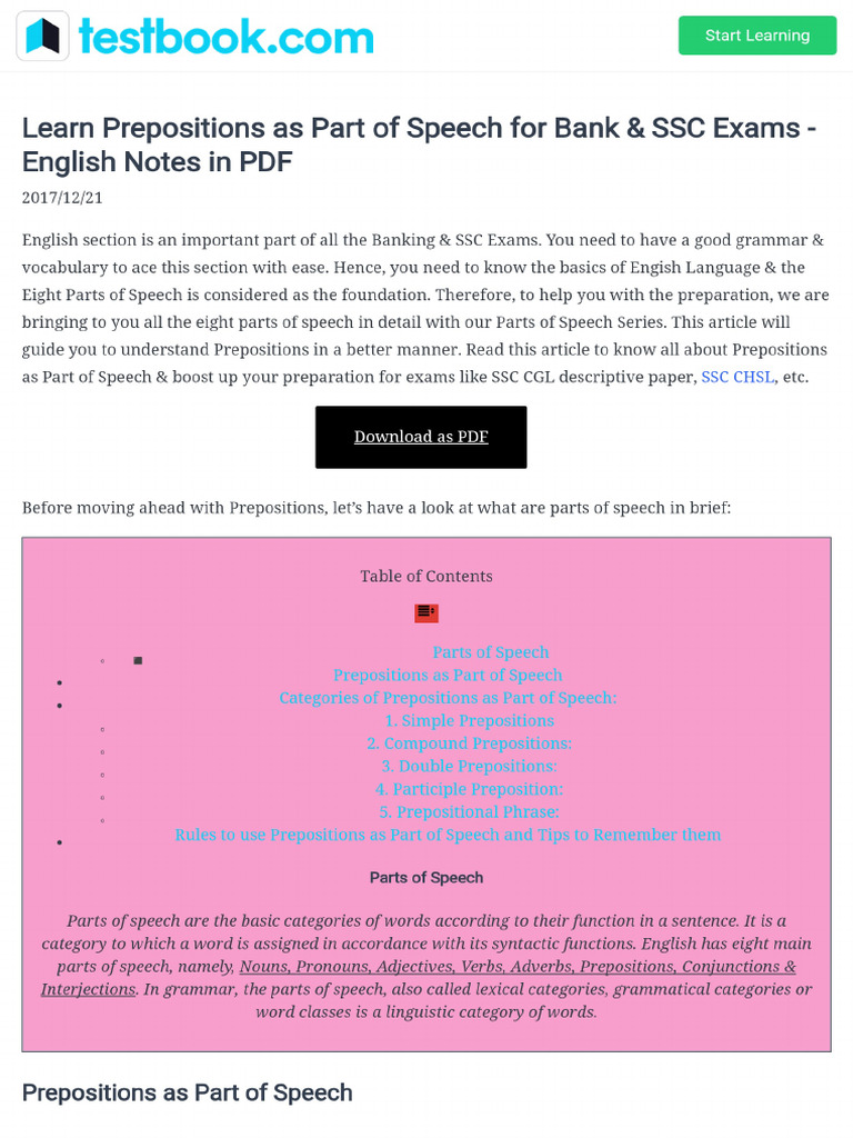 Prepositions As Part of Speech English Notes PDF | PDF