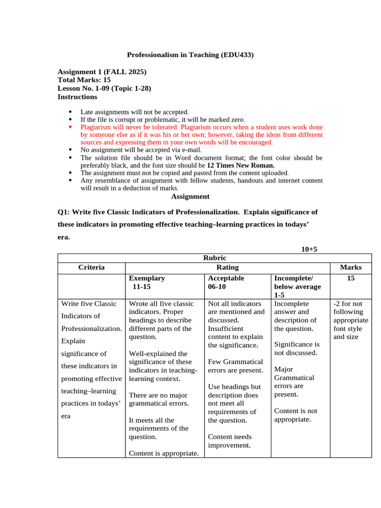 Fall 2025 - EDU433 - 1 | PDF | Plagiarism | Learning